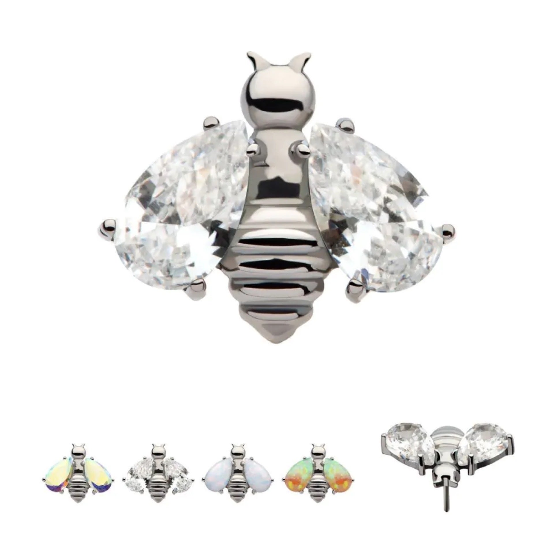 Titanium Threadless Bee with Prong Set Teardrop Shape CZ/Opal Wings Top ...